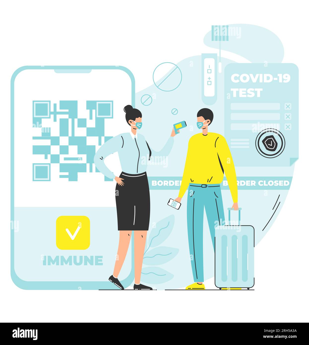 Covid-19 test scene vector illustration of traveler and inspector in ...