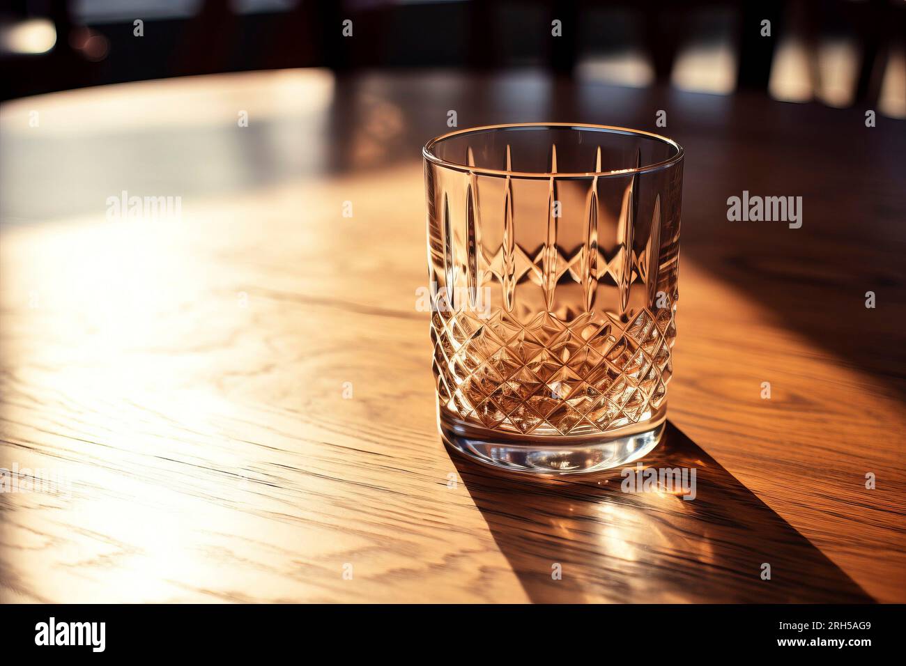 A clear empty glass positioned perfectly on a polished bar counter ...