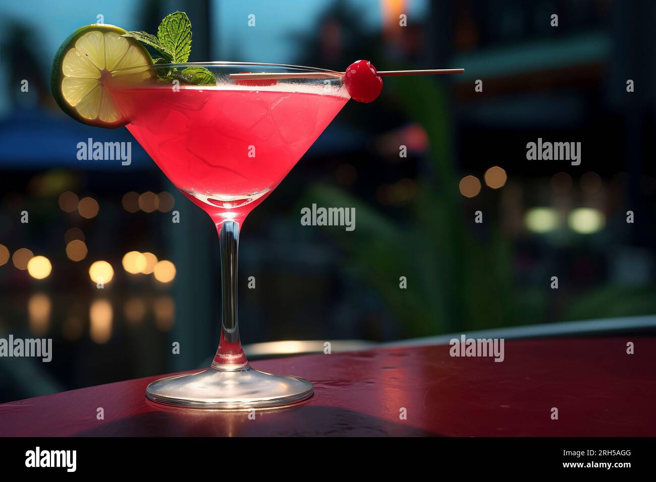 Close-up of a cocktail glass elegantly positioned on a polished bar ...