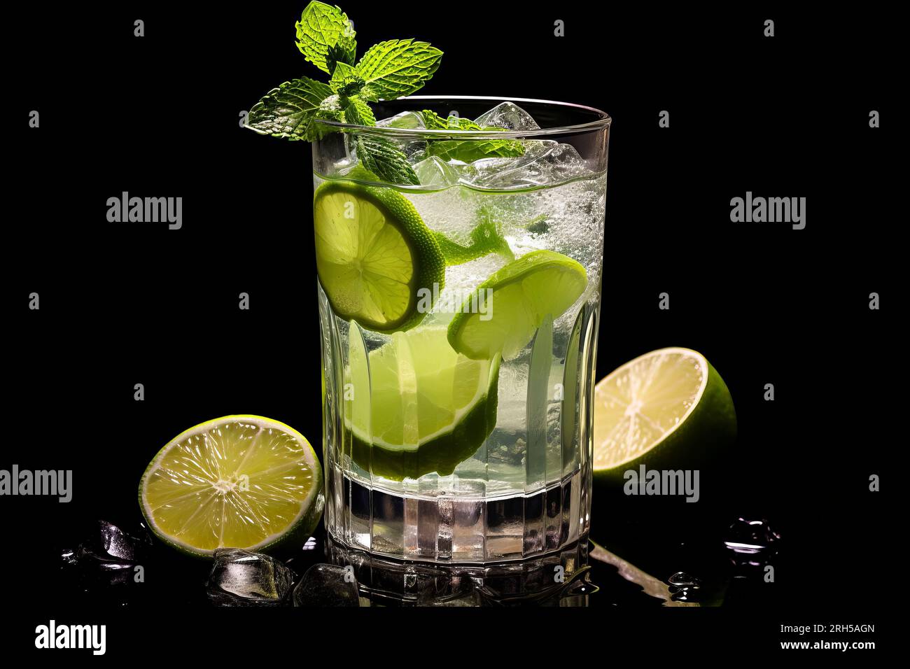 A detailed mojito glass filled with refreshing ingredients, contrasted ...