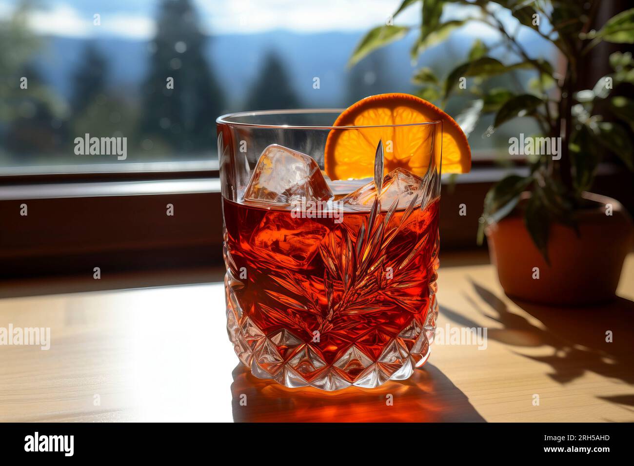 A sophisticated scotch glass resting gracefully on a polished bar ...