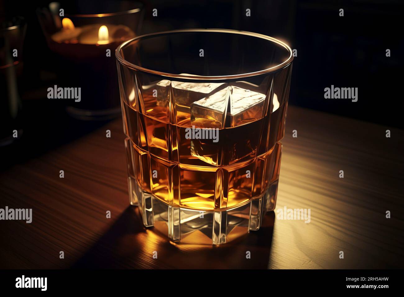 A sophisticated scotch glass resting gracefully on a polished bar ...