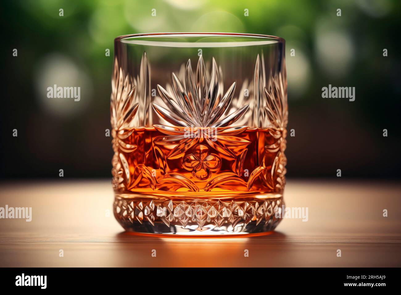 A sophisticated scotch glass resting gracefully on a polished bar ...