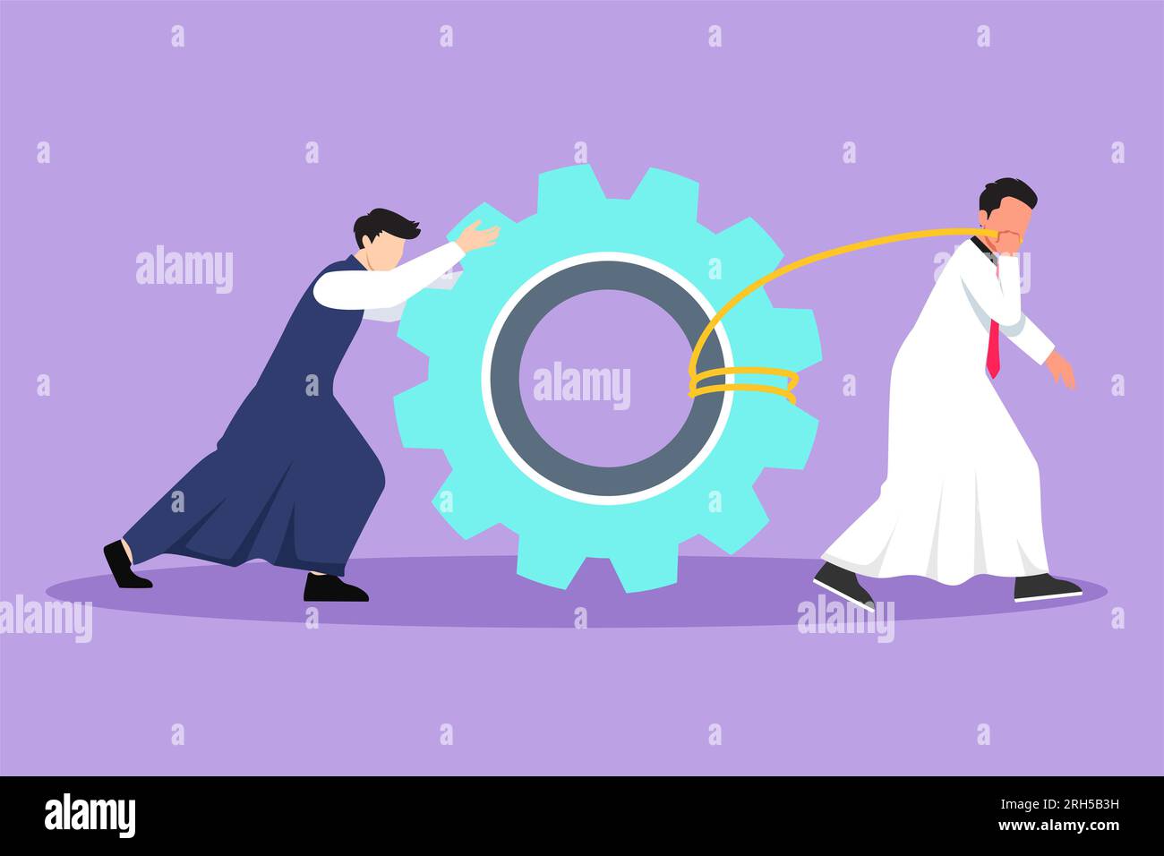 Graphic flat design drawing Arab business men pulling large gear on ...
