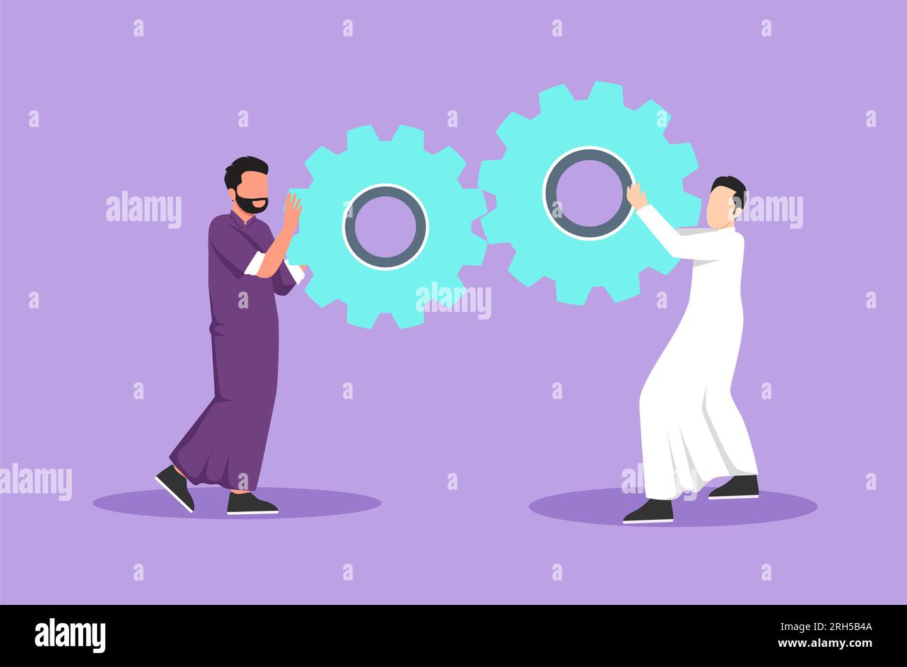 Cartoon flat drawing teamwork cooperation in gears mechanism. Two Arab ...