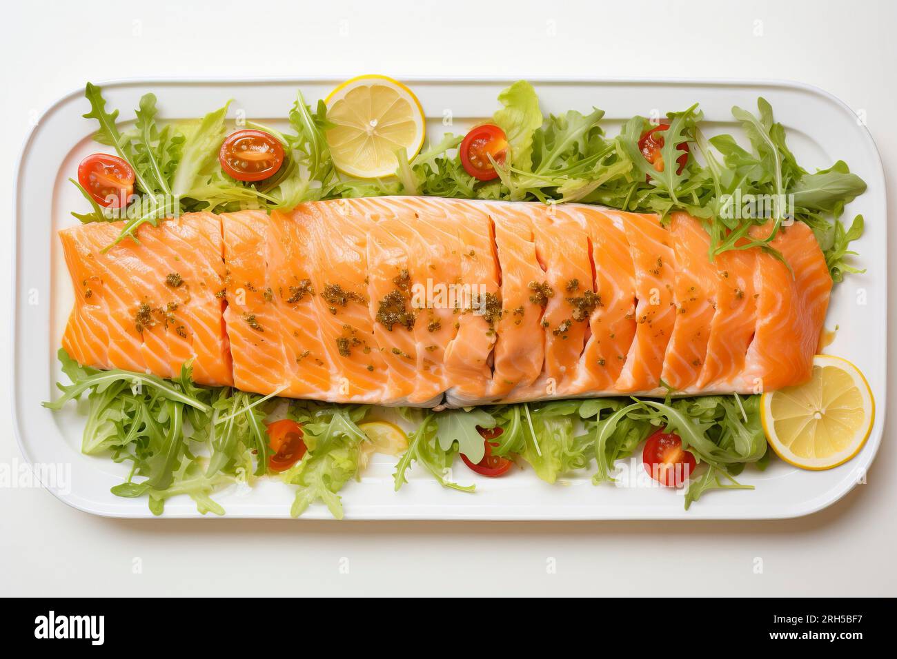 A sophisticated food composition featuring baked salmon against a clean ...