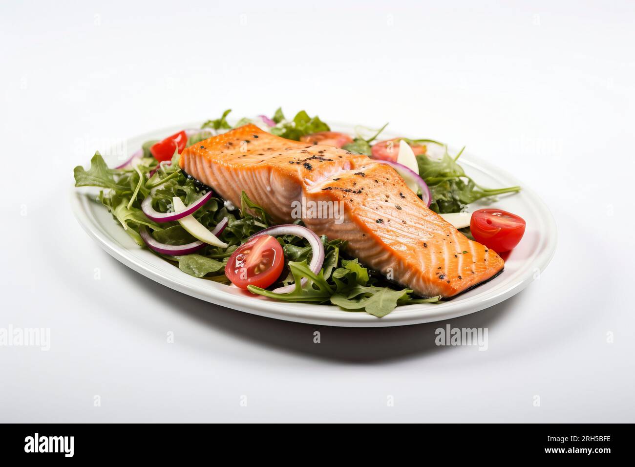 A sophisticated food composition featuring baked salmon against a clean ...