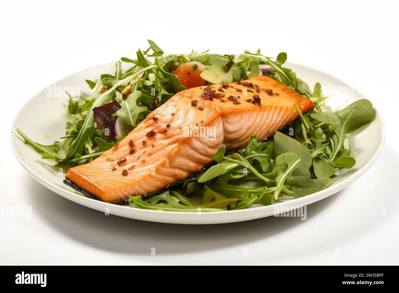 A sophisticated food composition featuring baked salmon against a clean ...