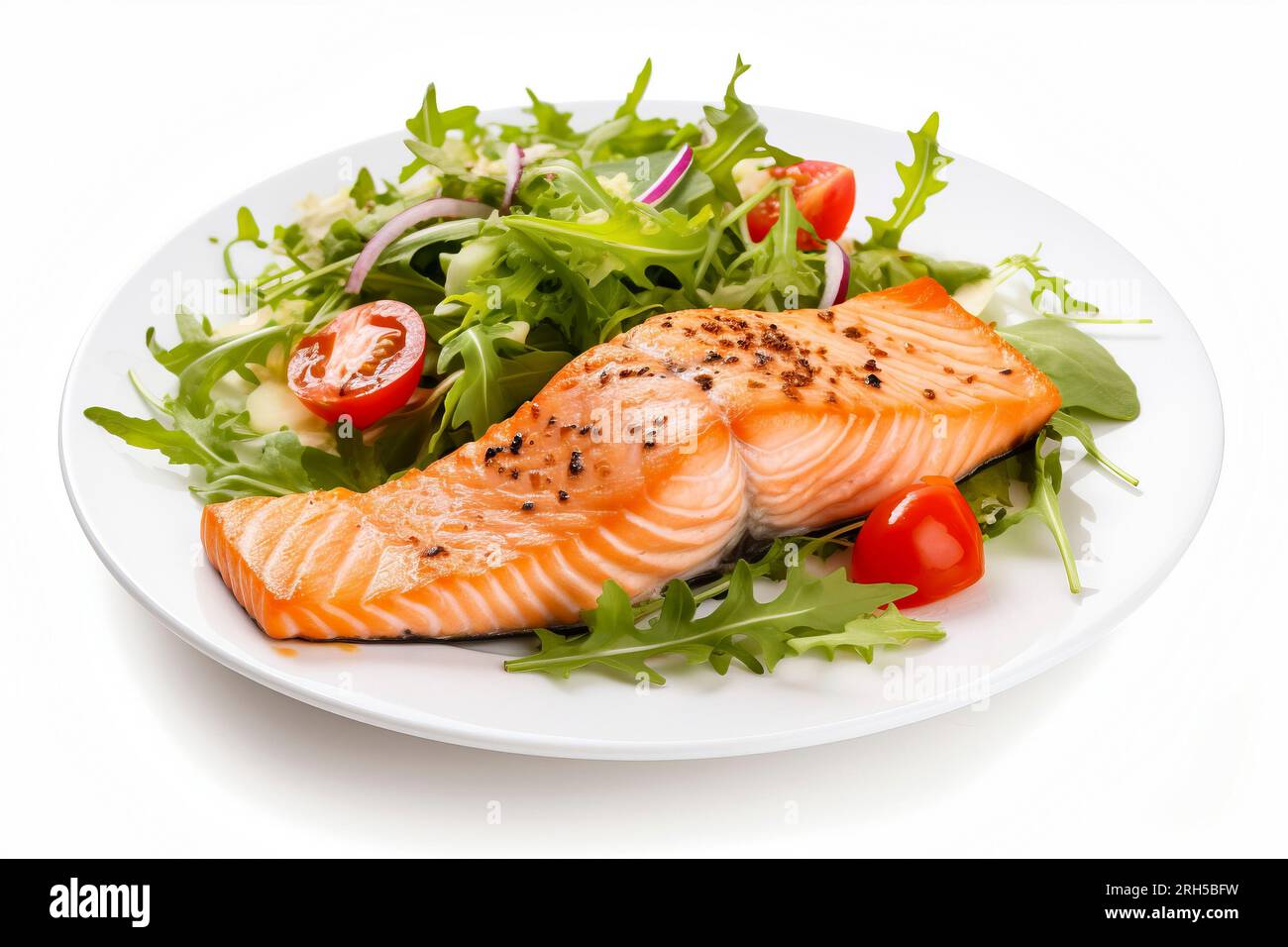 A sophisticated food composition featuring baked salmon against a clean ...