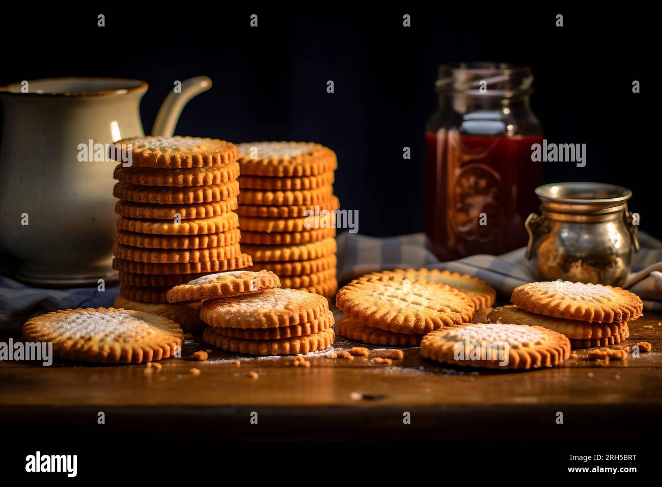 A cozy scene with delicious homemade biscuits displayed on a rustic ...