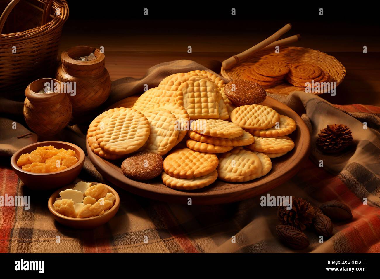 A cozy scene with delicious homemade biscuits displayed on a rustic ...