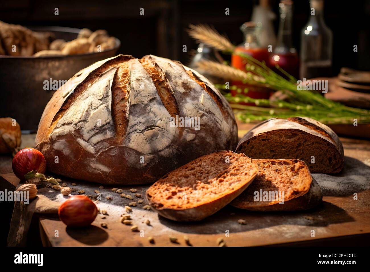Delicious assortment of rustic bread ingredients creating a beautiful ...
