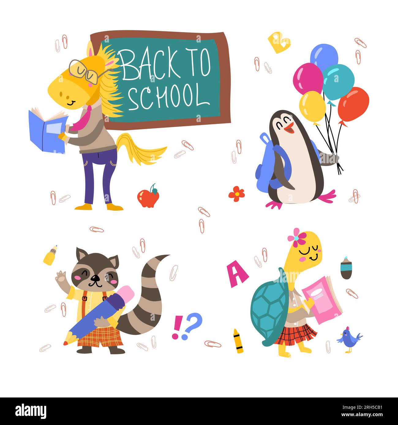 Back to school animals flat. Set of school animals. Cute cartoon pupil ...