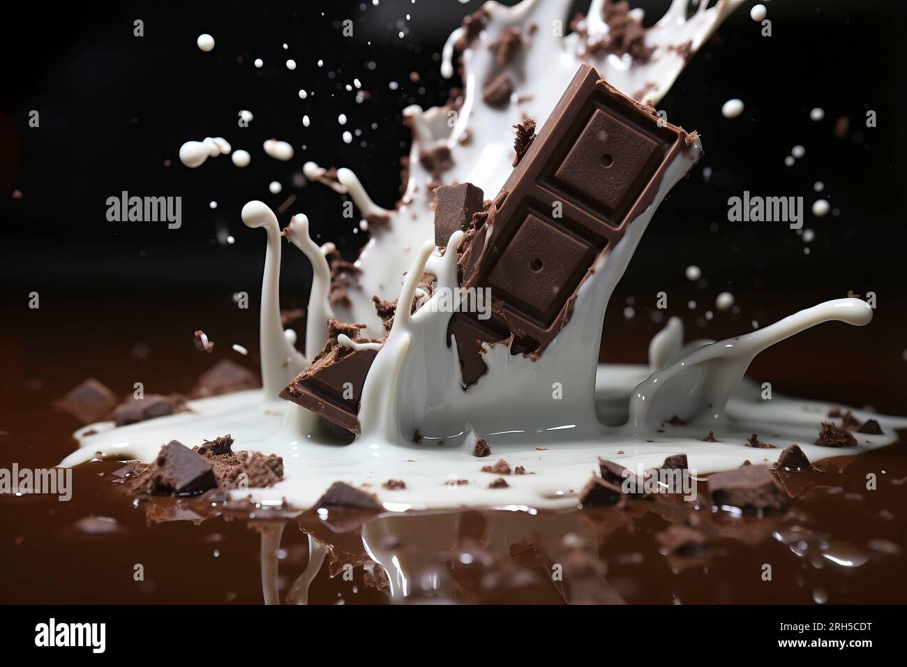 A captivating shot of a piece of chocolate creating a splash in a pool ...