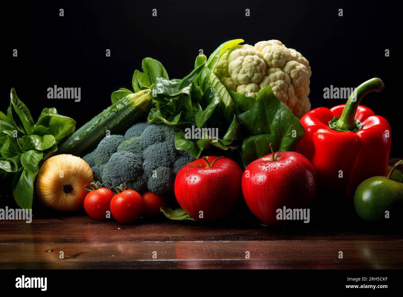 A captivating arrangement of fresh fruits and vegetables on a rustic ...