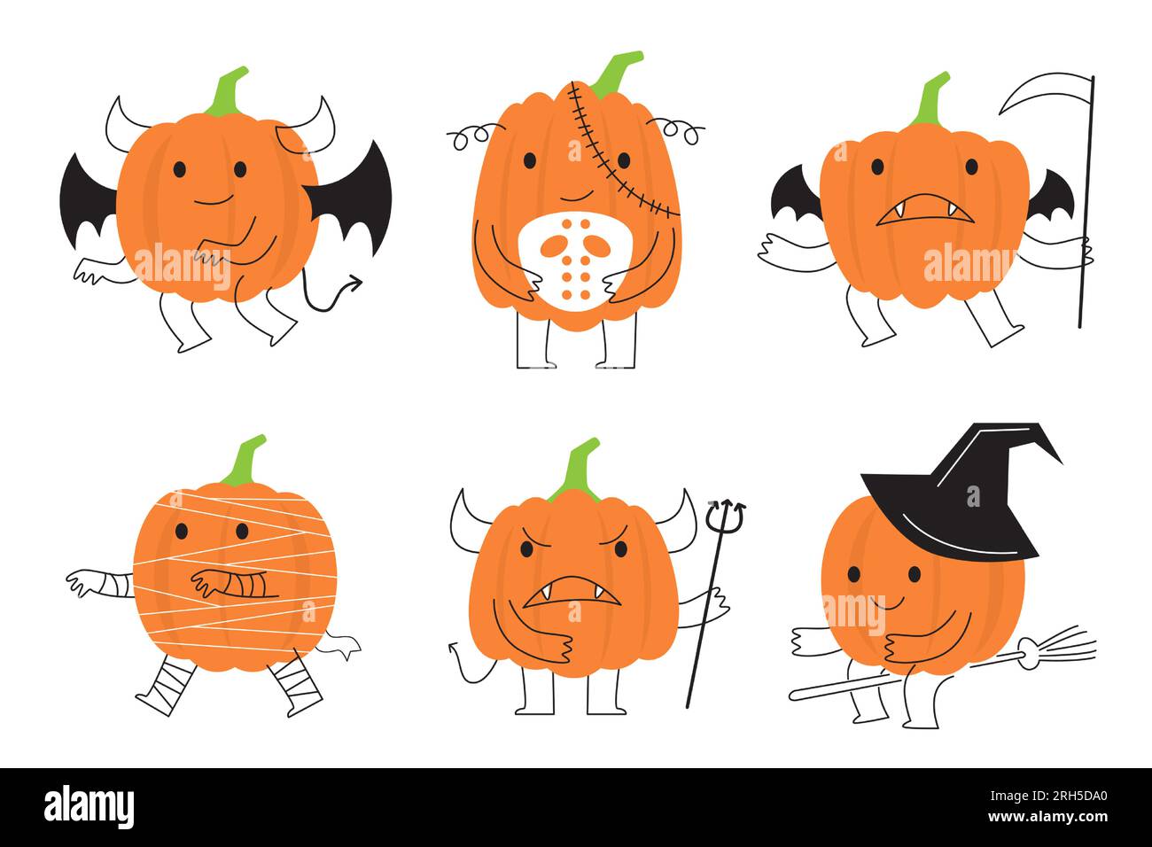 Set of pumpkin with halloween costume . line art cartoon character ...