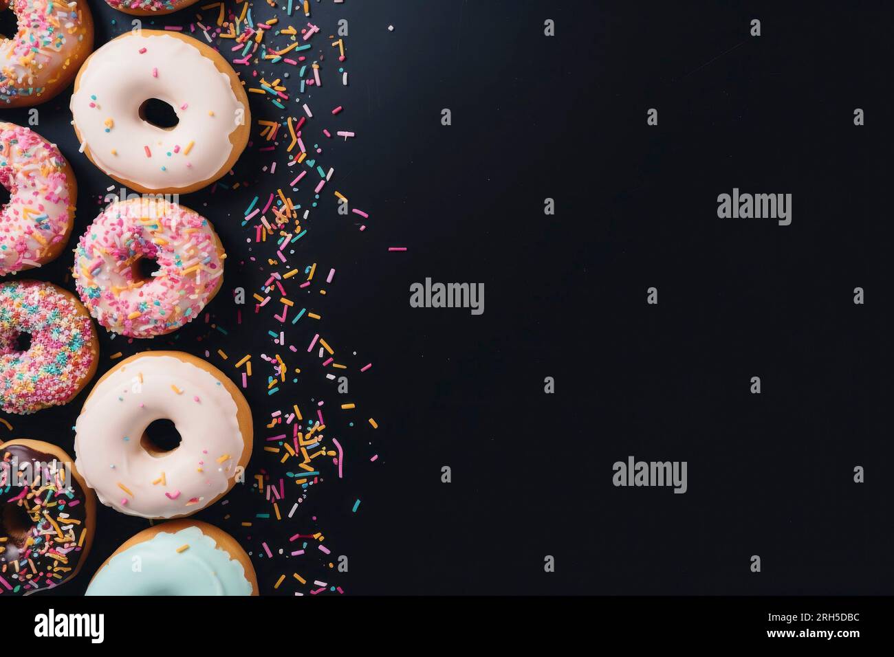 Overhead shot of colorful donuts arranged on a rustic backdrop, with ...