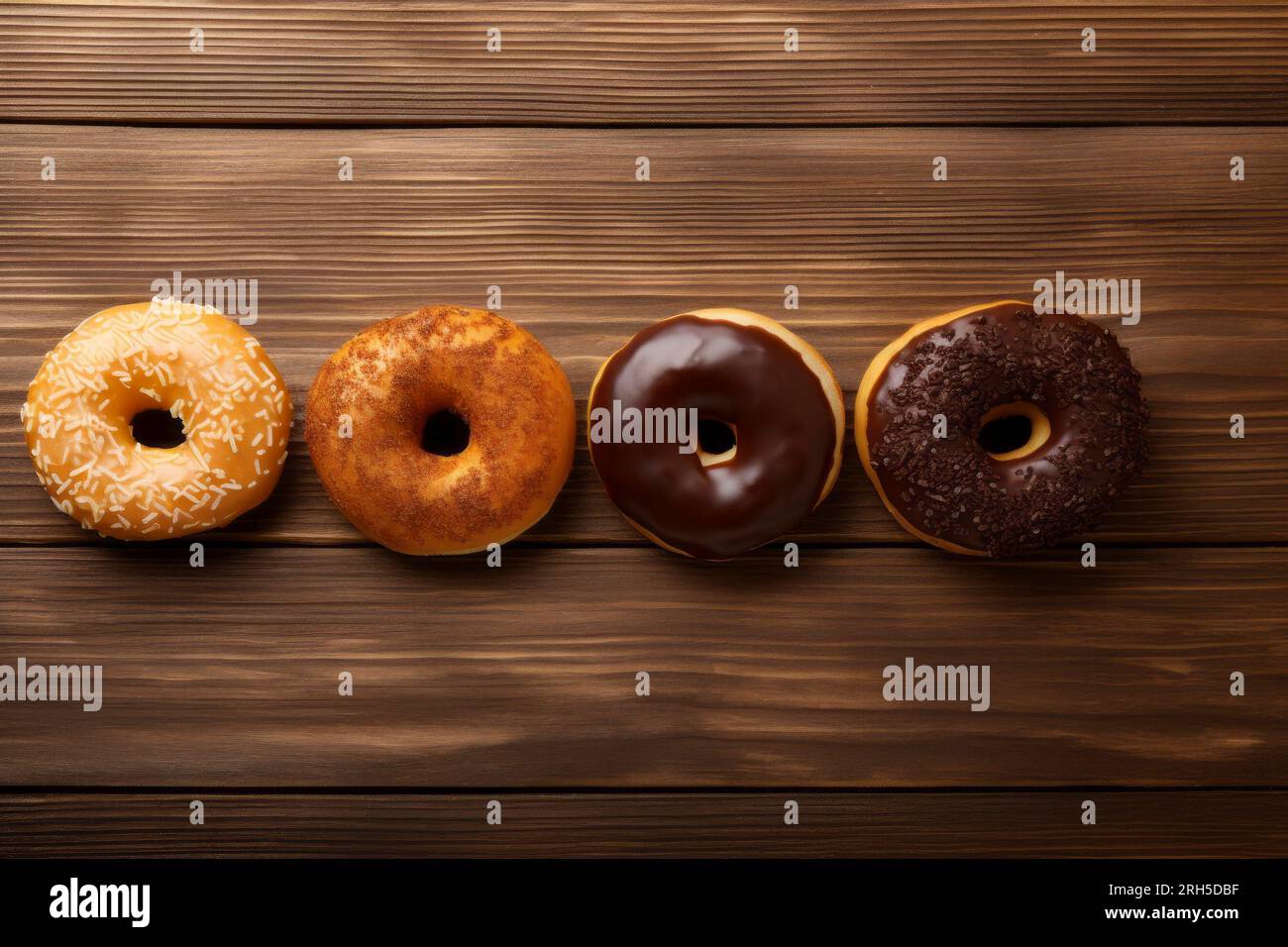 Overhead shot of colorful donuts arranged on a rustic backdrop, with ...
