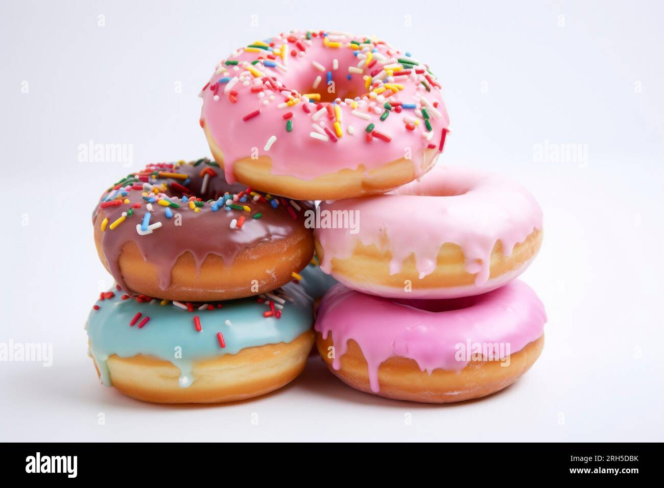 Colorful donuts showcased in a delicious array against a pristine white ...