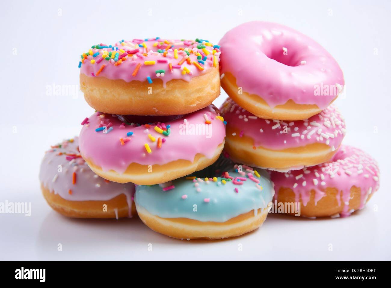 Colorful donuts showcased in a delicious array against a pristine white ...