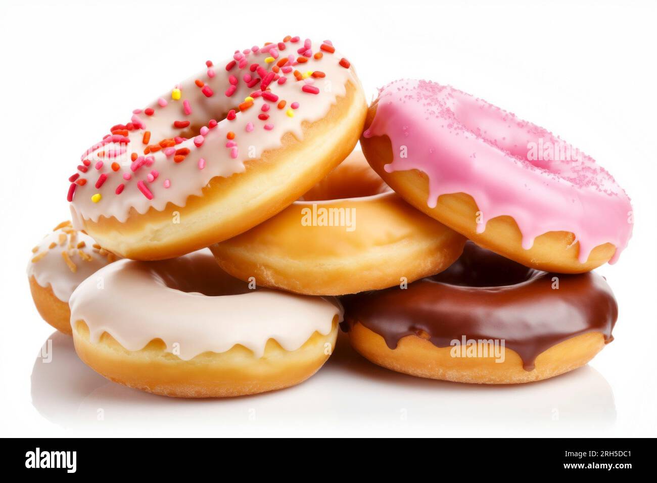 Colorful donuts showcased in a delicious array against a pristine white ...