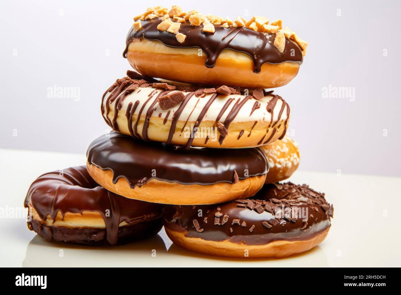Colorful donuts showcased in a delicious array against a pristine white ...