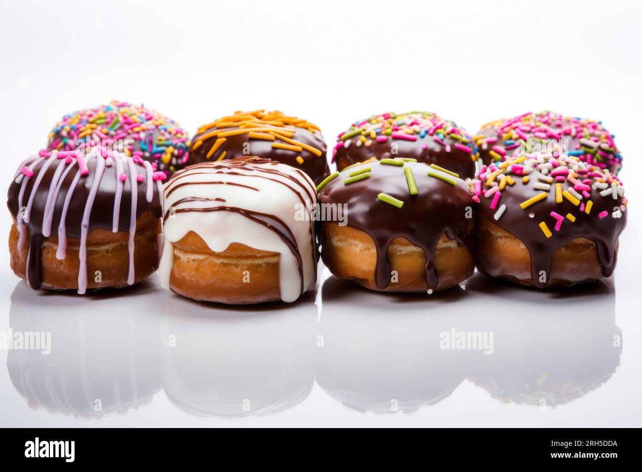 Colorful donuts showcased in a delicious array against a pristine white ...