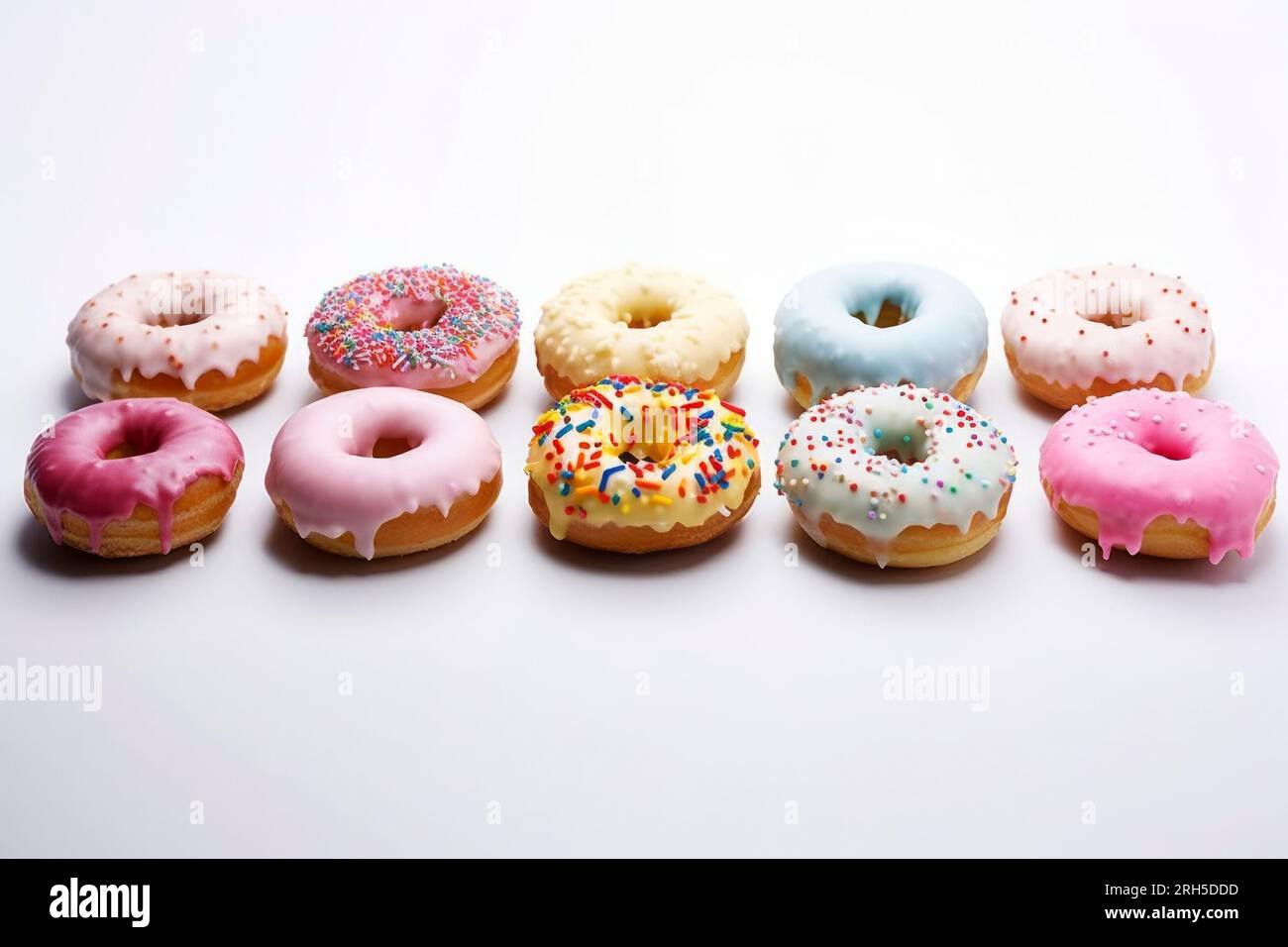 Colorful donuts showcased in a delicious array against a pristine white ...