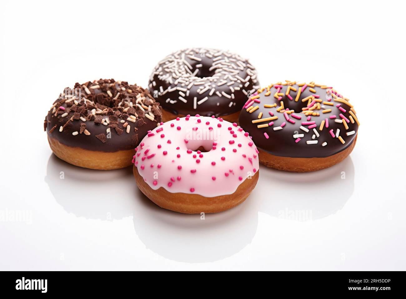 Colorful donuts showcased in a delicious array against a pristine white ...