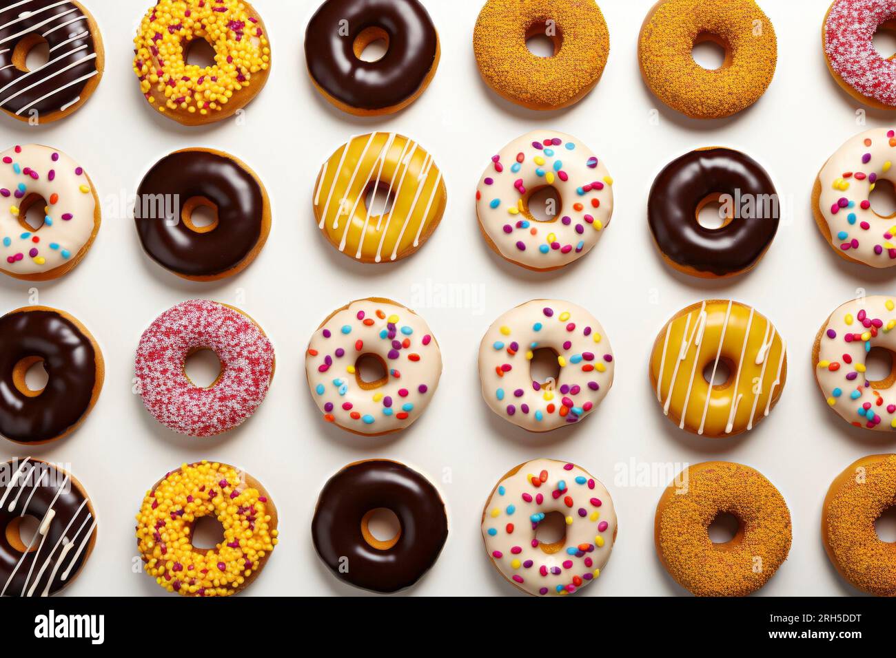 Colorful donuts showcased in a delicious array against a pristine white ...