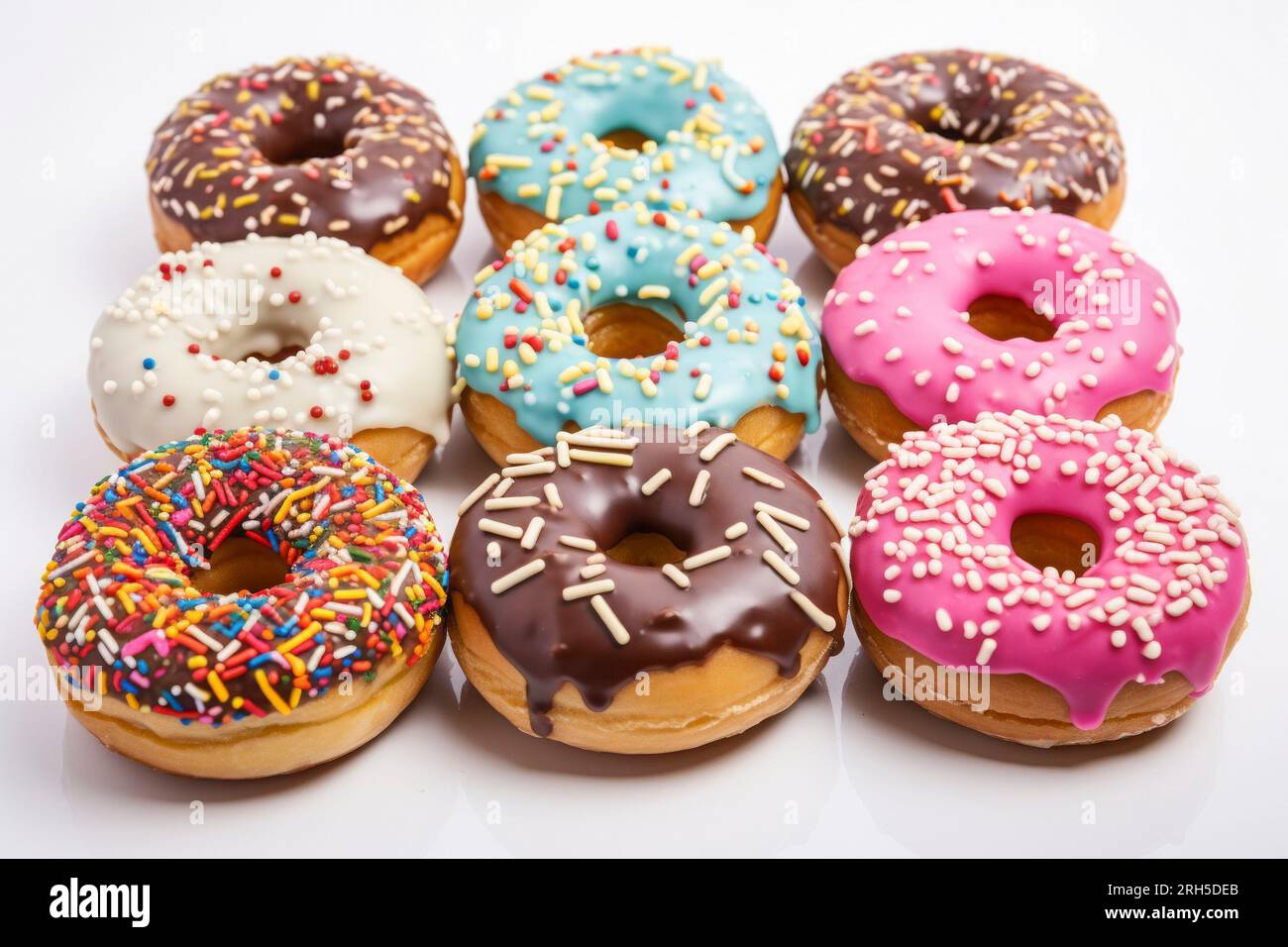 Colorful donuts showcased in a delicious array against a pristine white ...