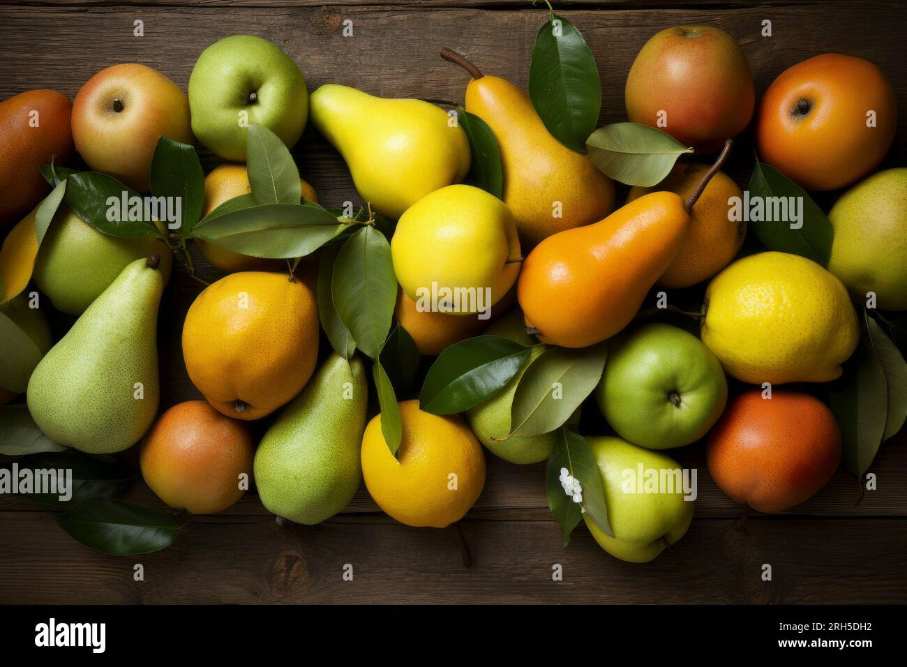 Overhead shot of diverse pear varieties artfully displayed in a ...
