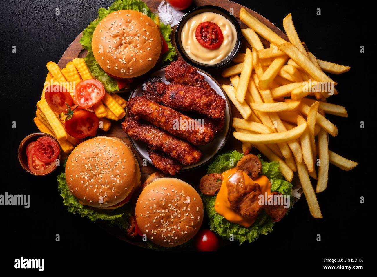 Top view showcasing a tantalizing burger, onion rings, and chips ...