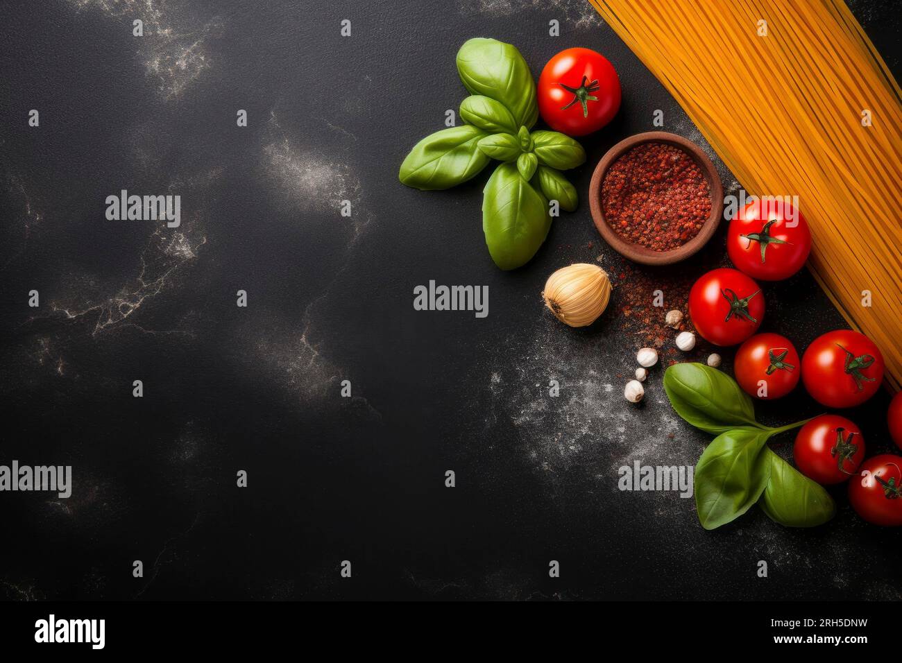 Top view of authentic ingredients for Italian pasta framed against a ...