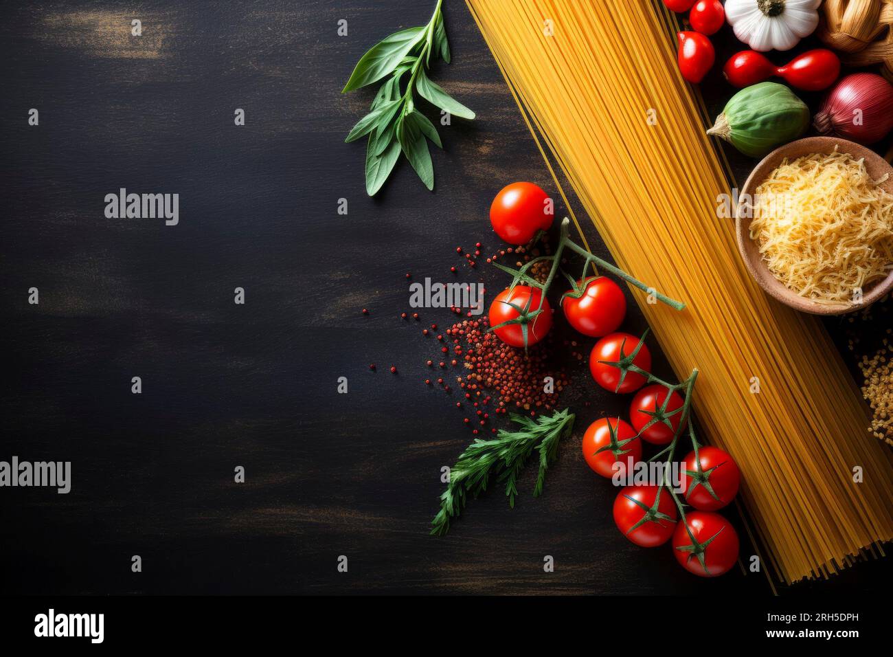 Top view of authentic ingredients for Italian pasta framed against a ...