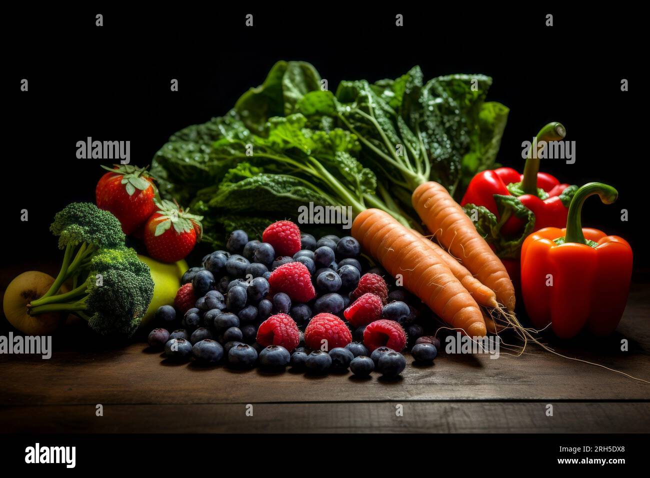 A captivating arrangement of fresh fruits and vegetables on a rustic ...