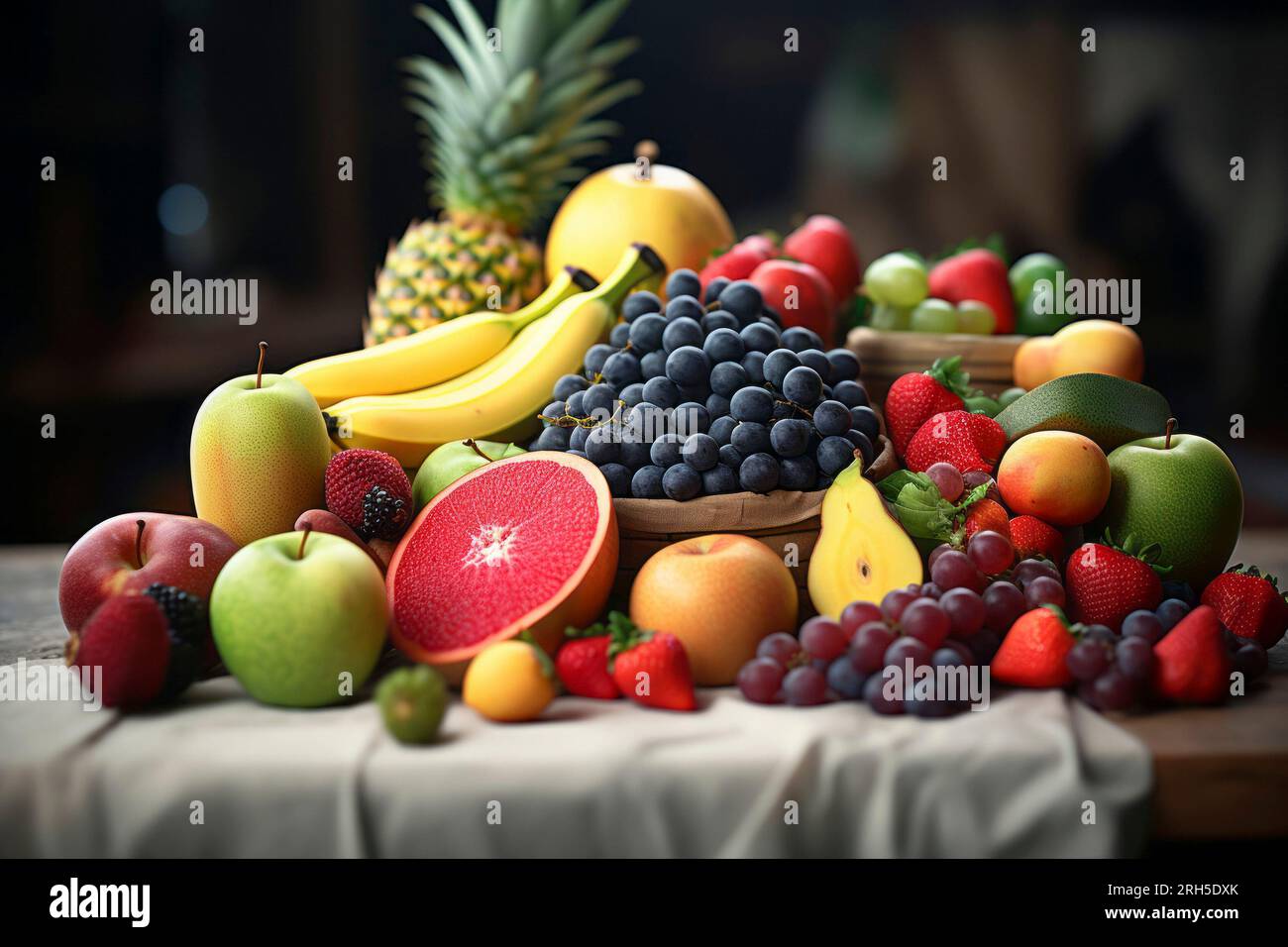 A captivating arrangement of fresh fruits and vegetables on a rustic ...