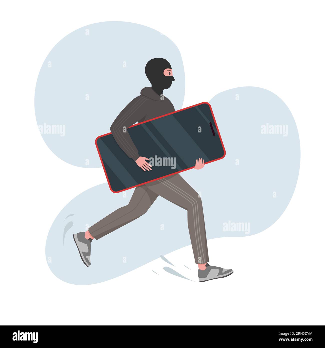 Mobile phone theft vector illustration. Cartoon isolated male thief character in hoodie and ...