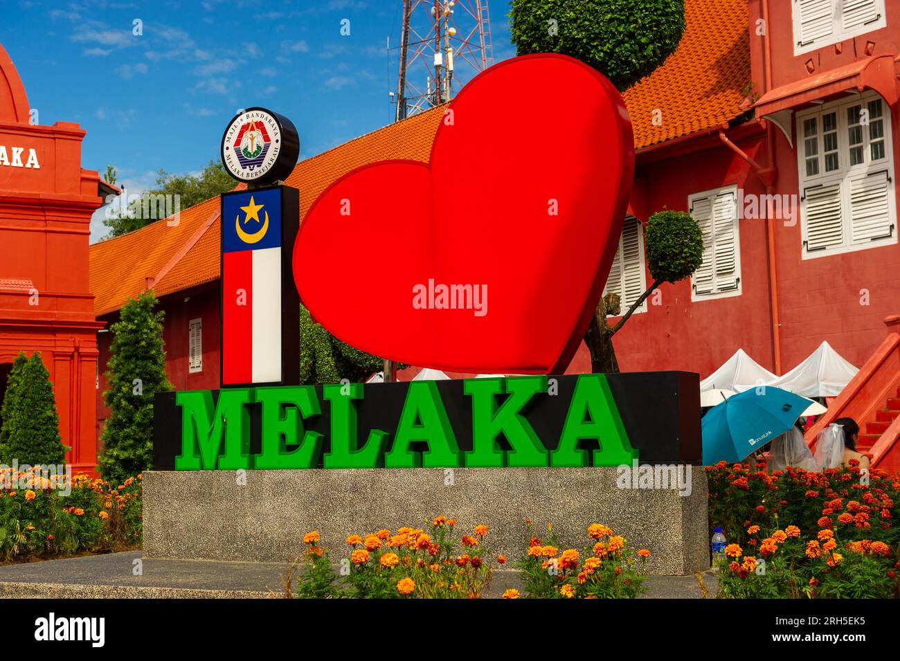 The I Love Melaka sign in Dutch Square, Malacca, Malaysia Stock Photo ...