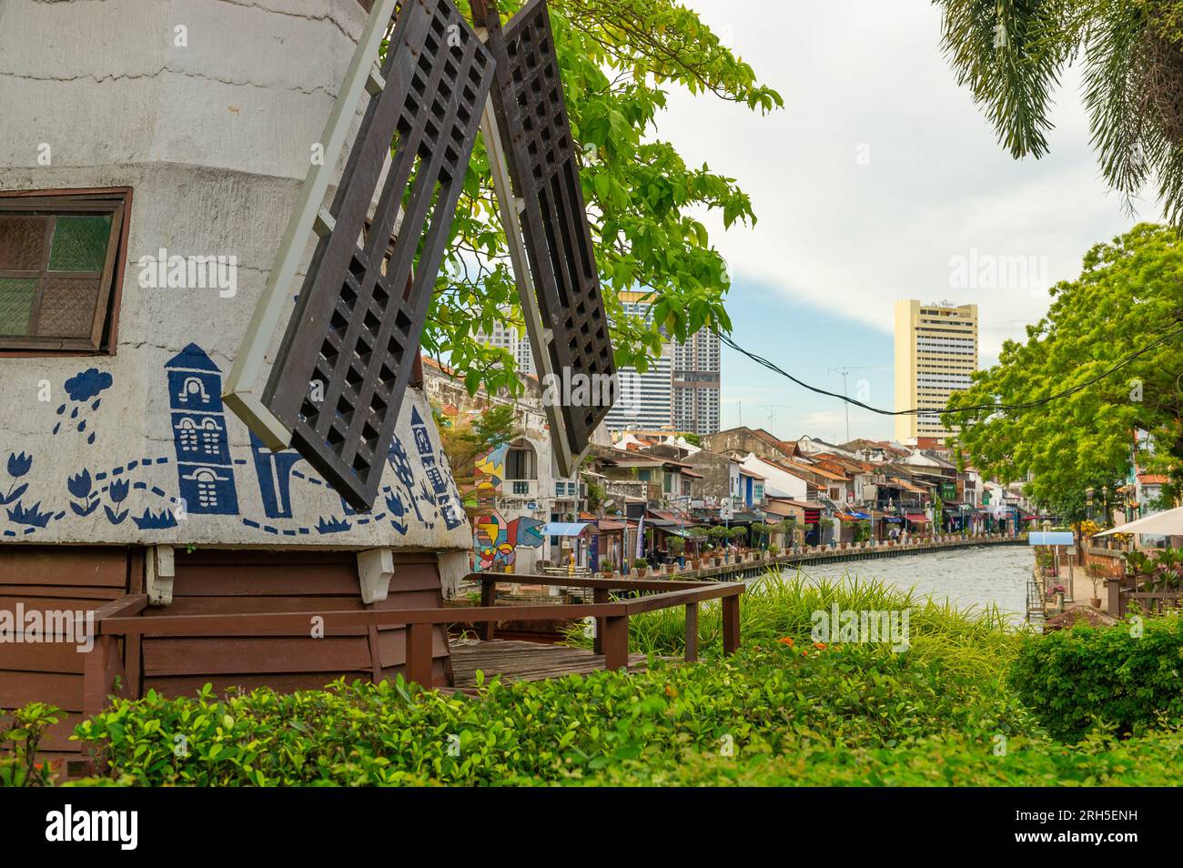 A view down the Malacca River with the Dutch Windmill in the foreground, Malacca, Malaysia Stock ...