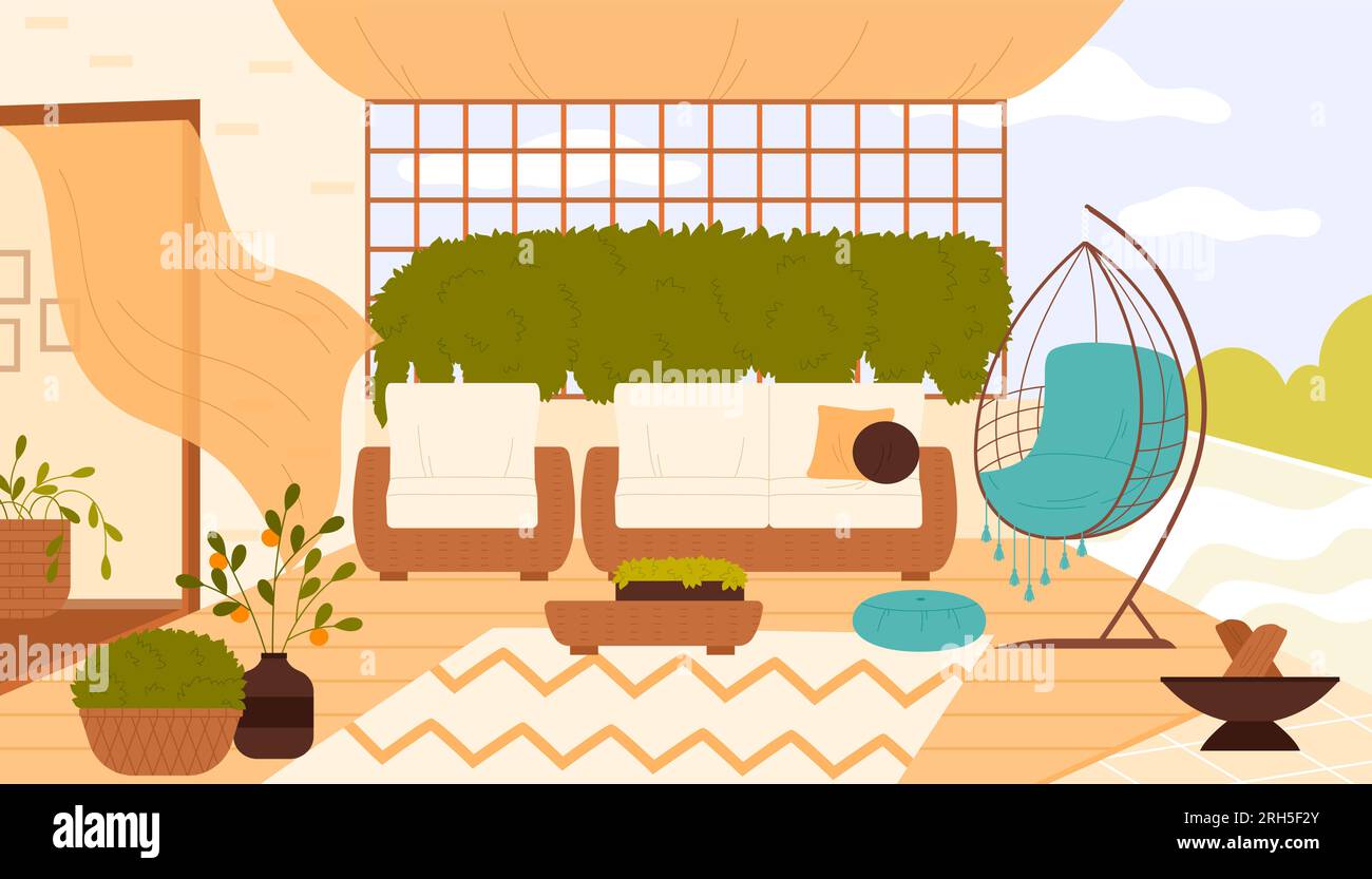 Modern rooftop terrace with green plants and furniture vector ...