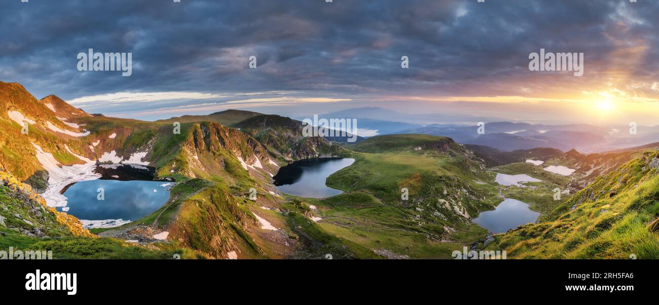 Aerial panoramic view of Seven Rila lakes and waterfalls in nature of ...