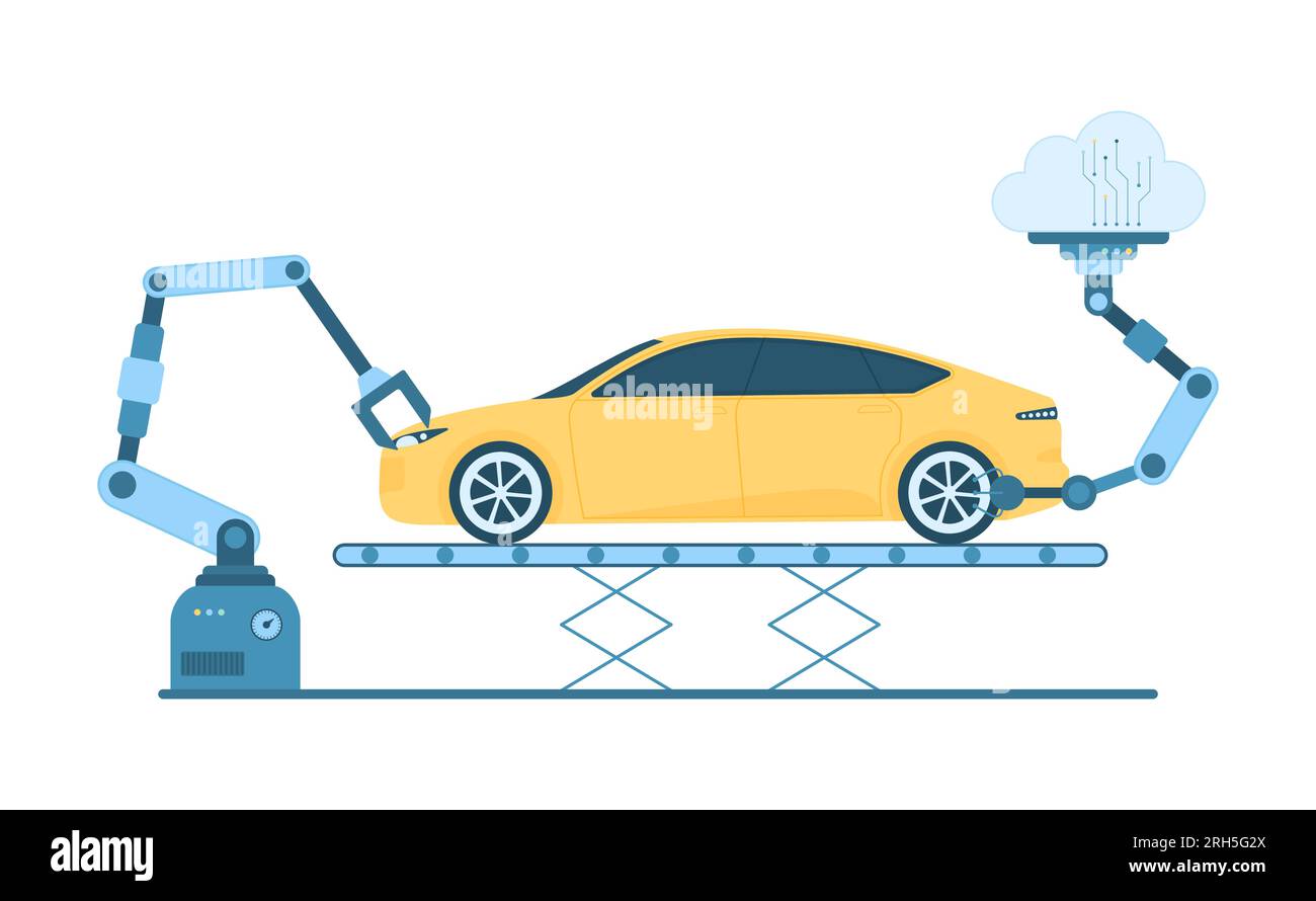 Smart Technology Of Car Production Vector Illustration Cartoon Isolated Automated Smart Robot