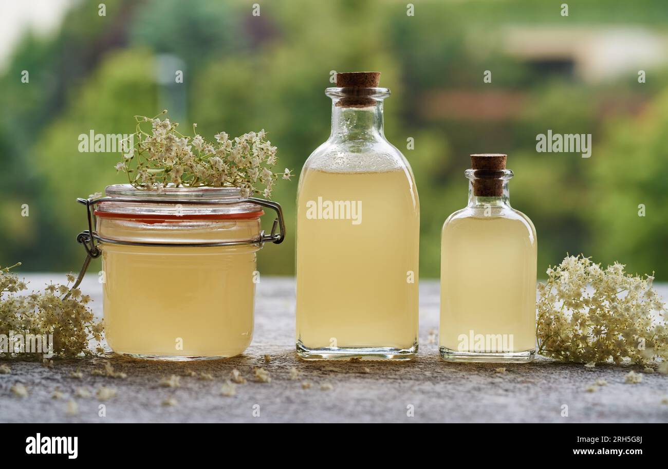 Bottles of homemade elderberry flower syrup with fresh blossoms Stock ...