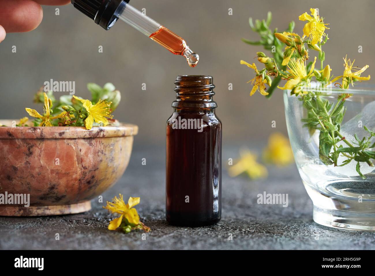 Hypericum or St. John's wort oil dripping into a glass bottle Stock ...