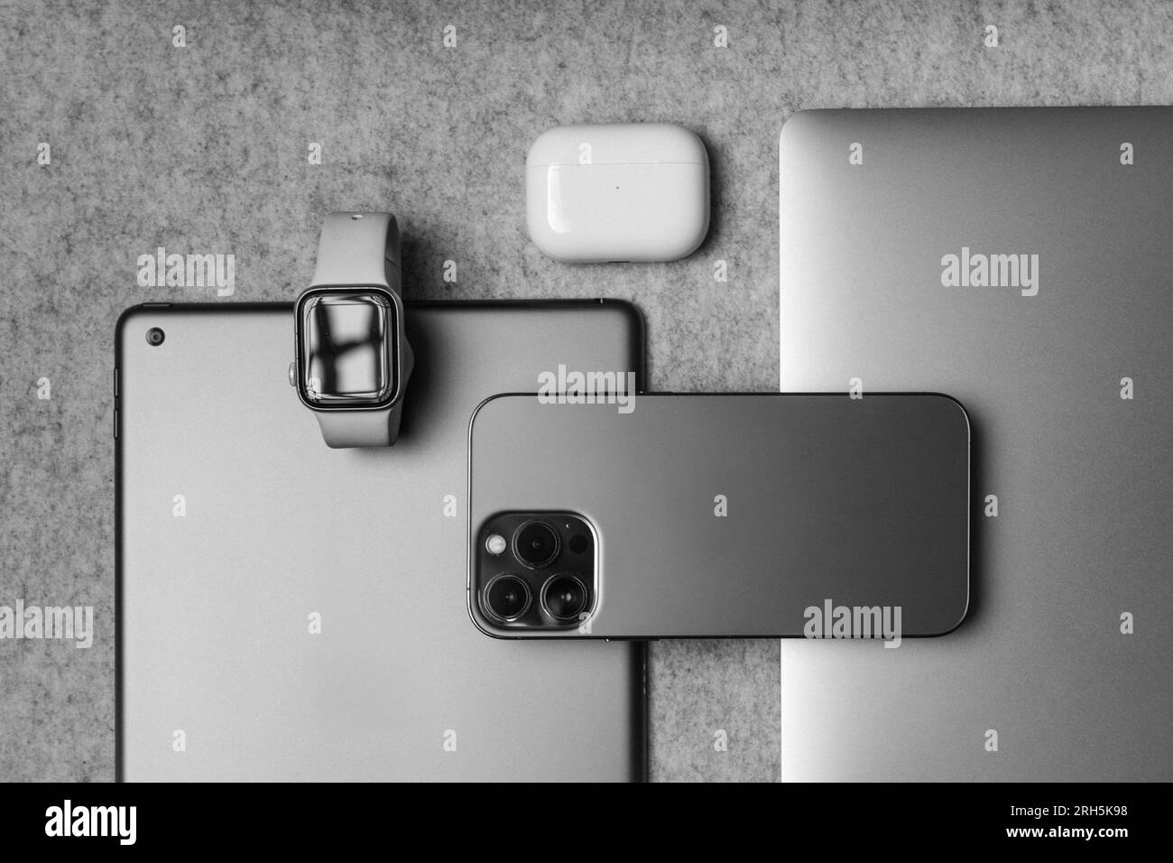 Flat Lay of different apple products on a grey background Stock Photo ...