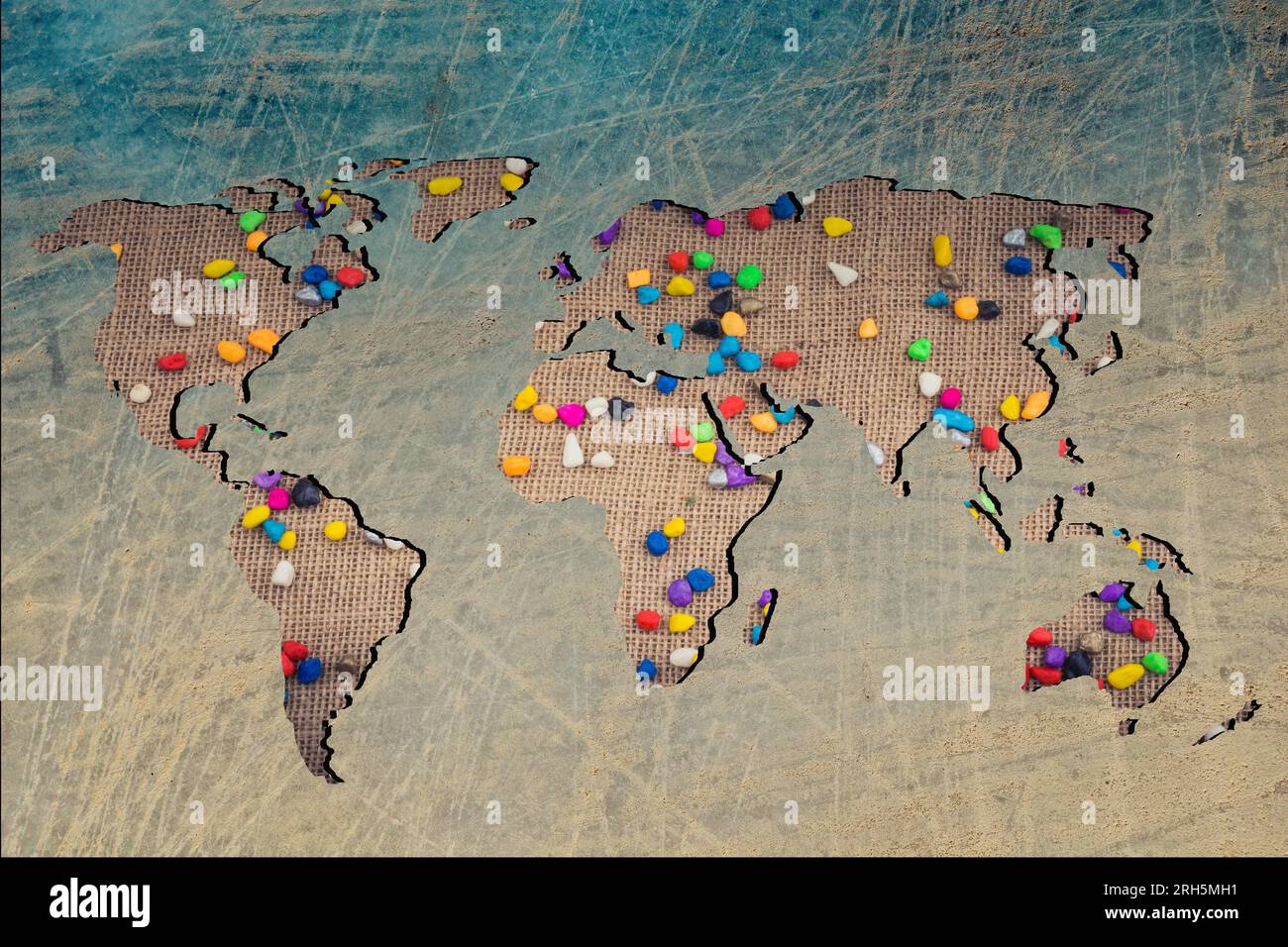 Roughly outlined world map with colorful pabbles filling Stock Photo ...