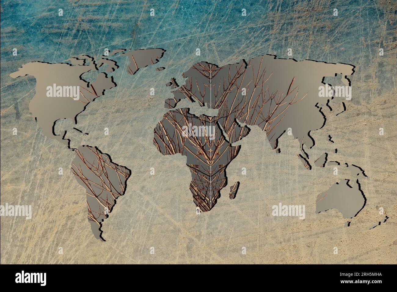 Roughly outlined world map with tree branches fillings Stock Photo - Alamy