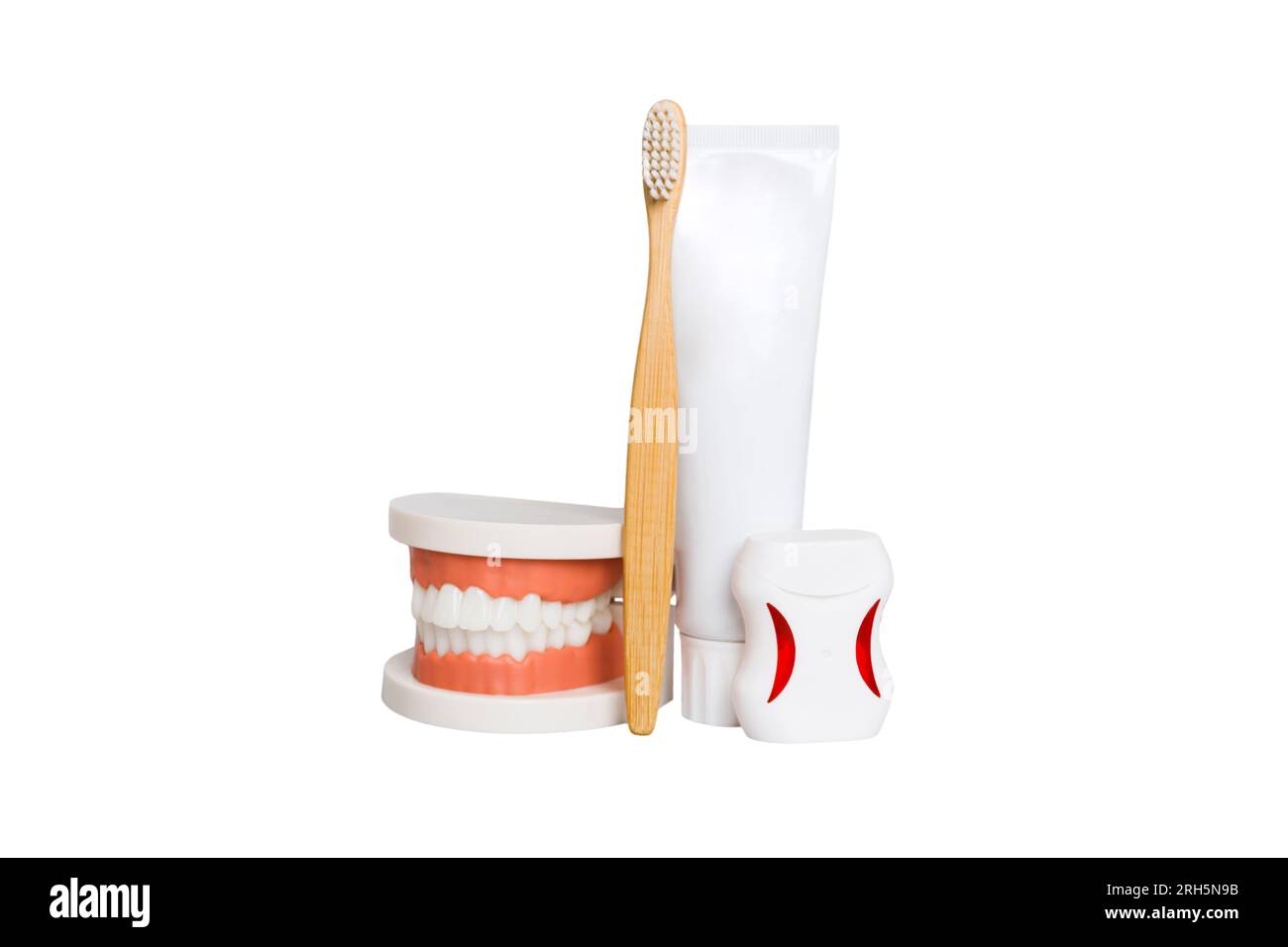 Mouthwash and other oral hygiene products on colored table top view ...