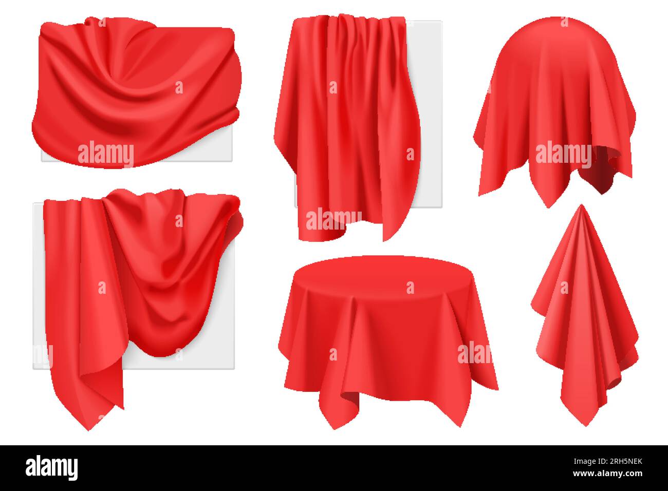 Red fabric covers on objects with drapery set vector illustration. 3D ...